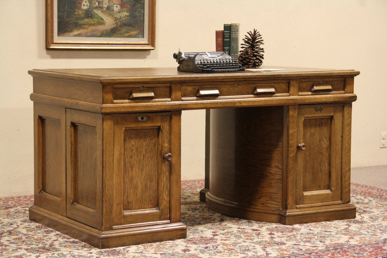 Wooten Unsigned Rotary 1885 Antique Oak Desk, Leather Top