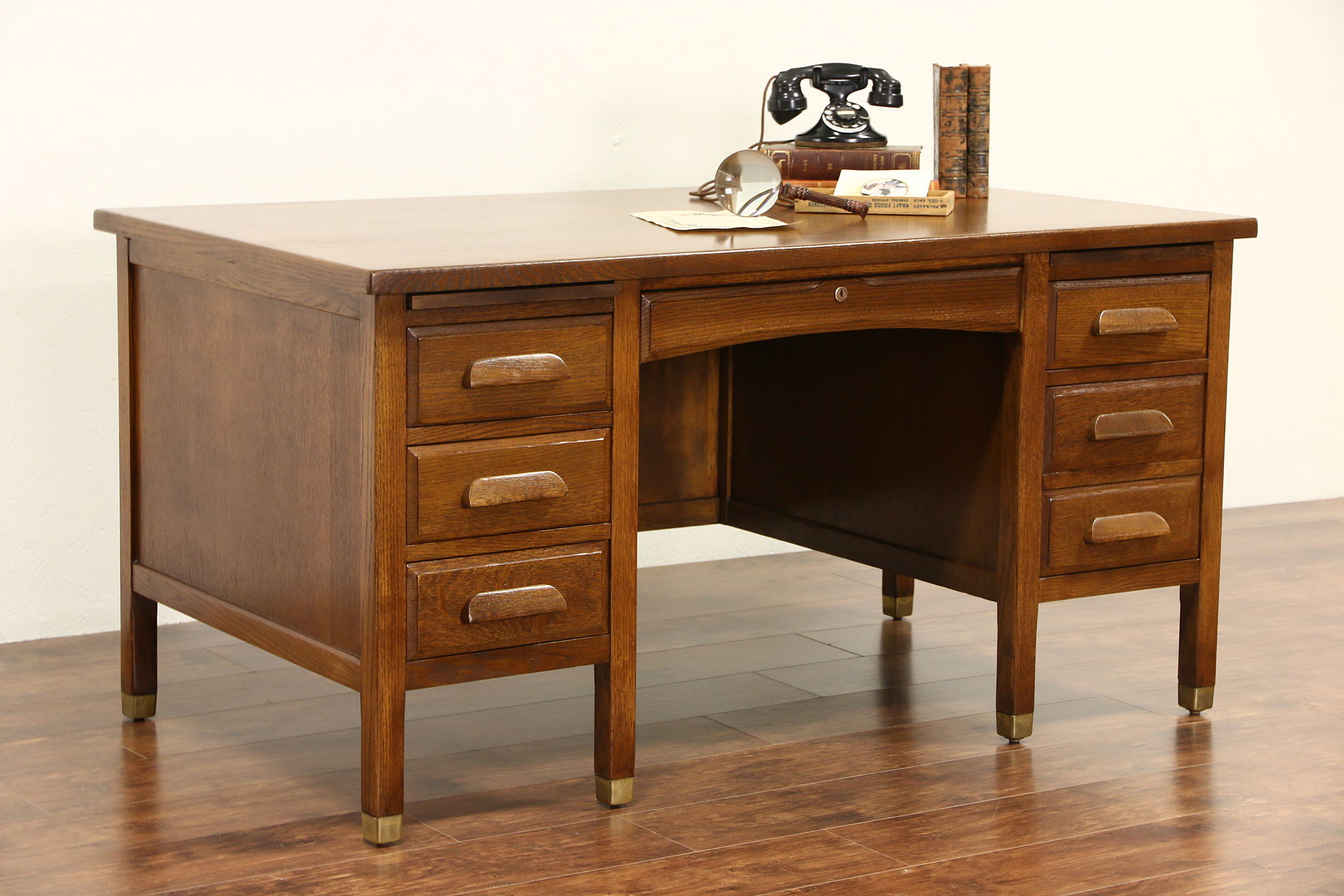 Oak 1915 Antique Office or Library Desk, File Drawer, Brass Feet