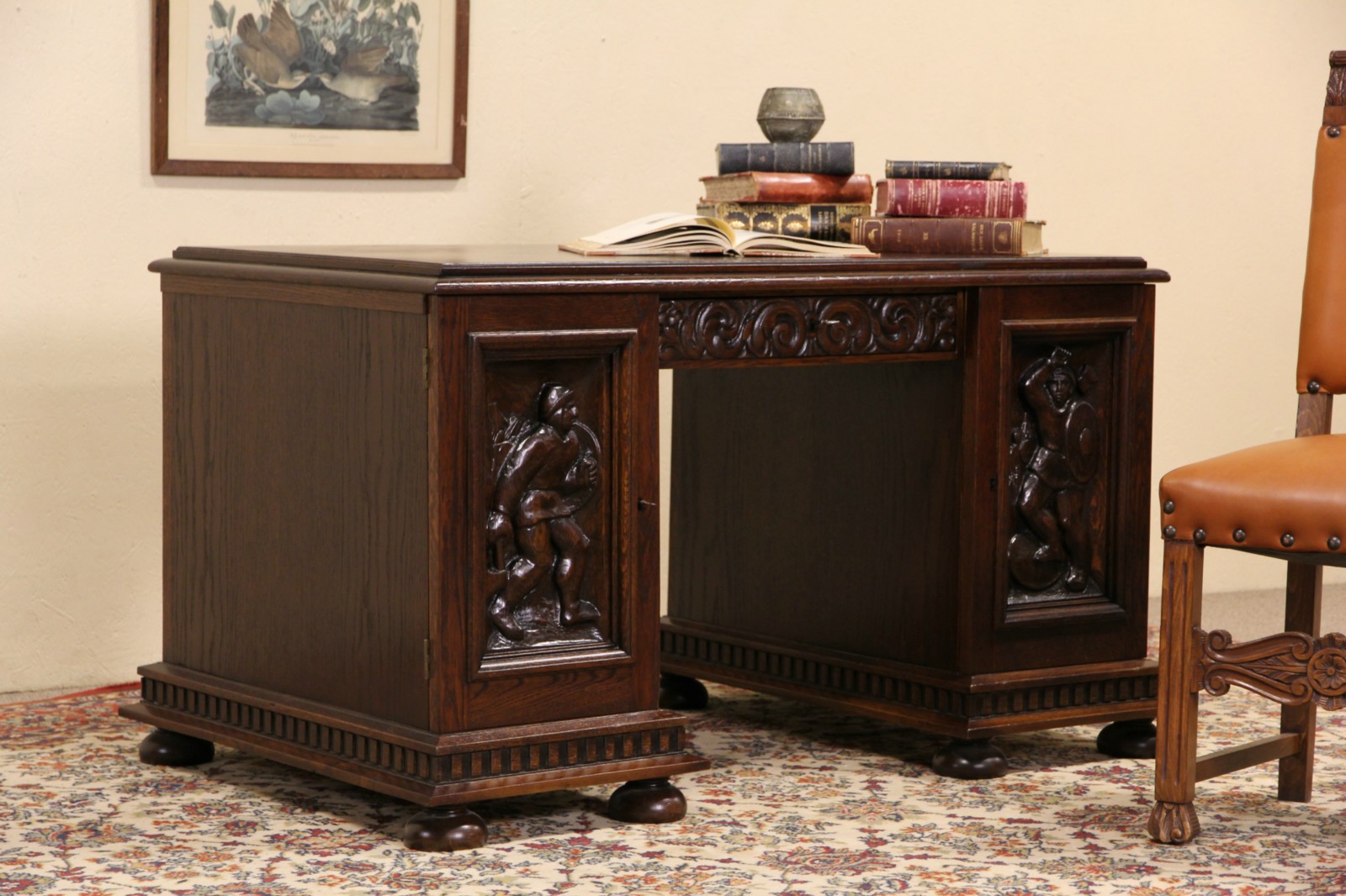 Viking Warrior Carved Oak 1915 Antique Scandinavian Desk