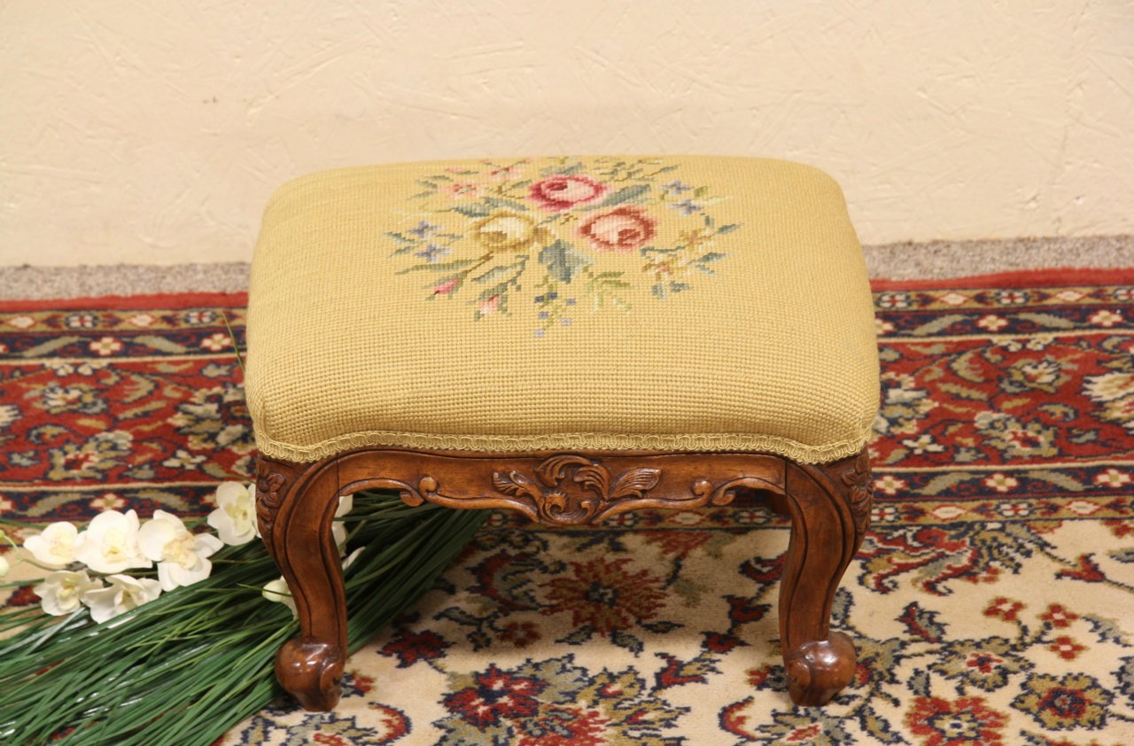 Needlepoint Carved Footstool 1920's