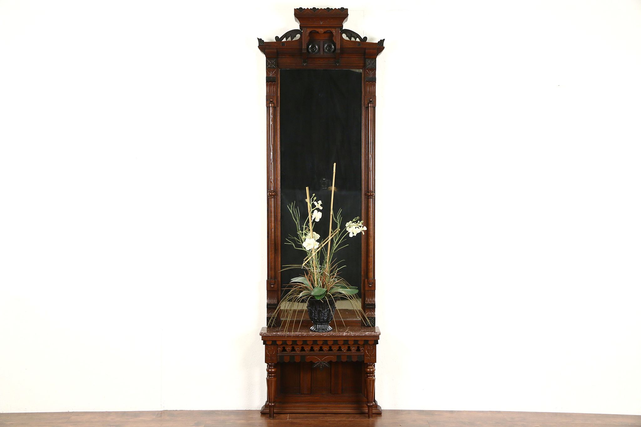 Victorian Eastlake 1890 Antique Walnut Hall Mirror, Marble Shelf