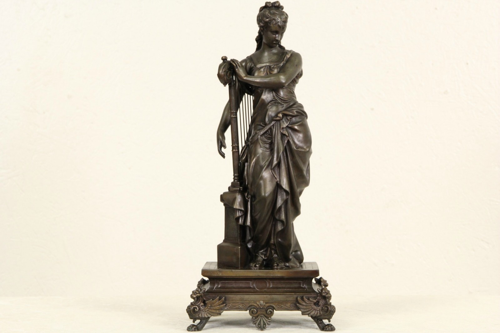 Harpist Statue, 1870 Antique Sculpture on Pedestal