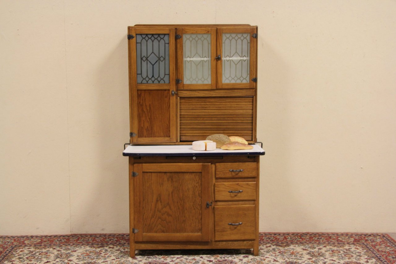 Oak Hoosier 1915 Kitchen Cabinet, Porcelain Top, Satin Glass