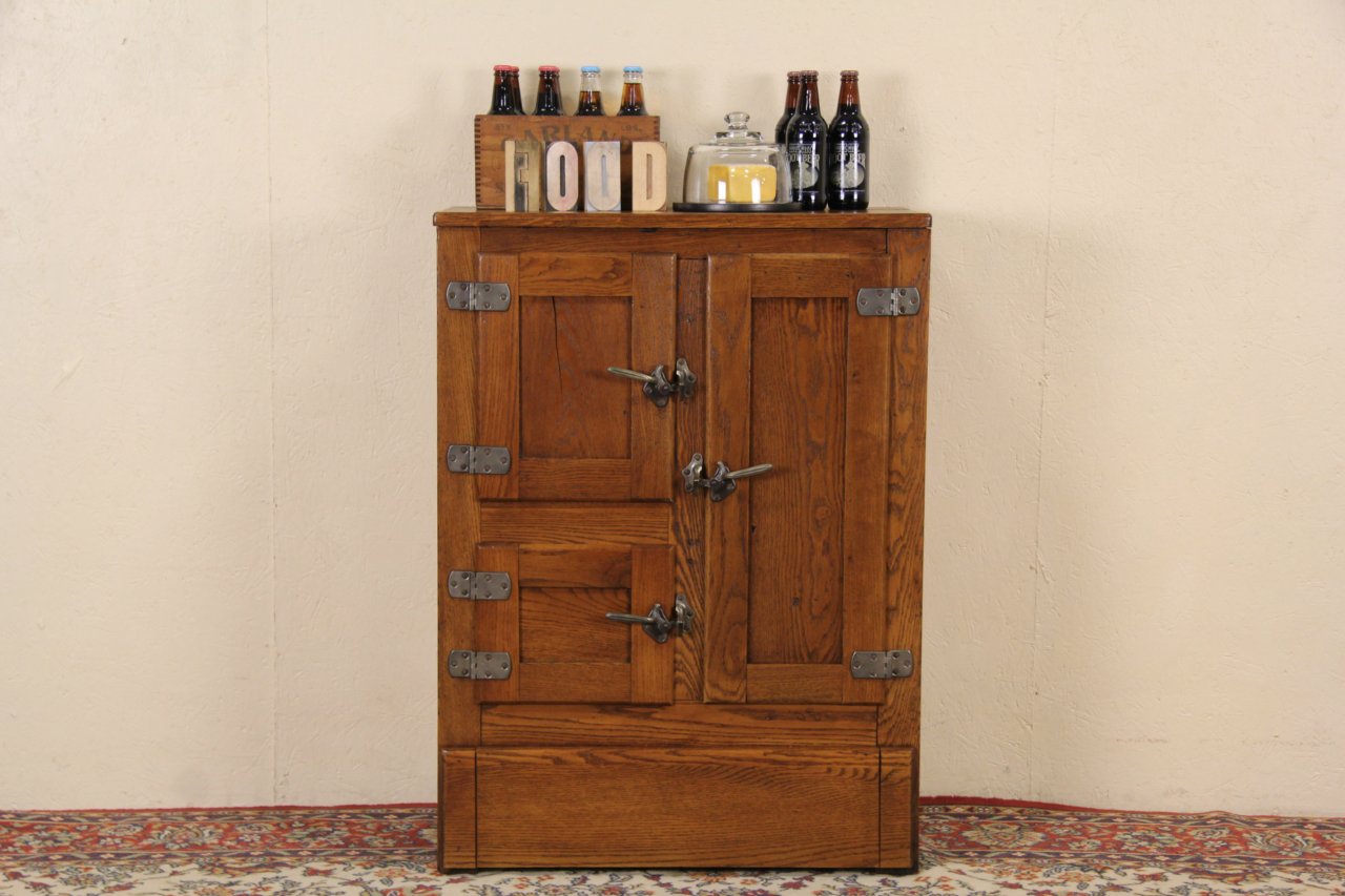Oak 1900 Antique Icebox, Paneled Doors, Original Hardware