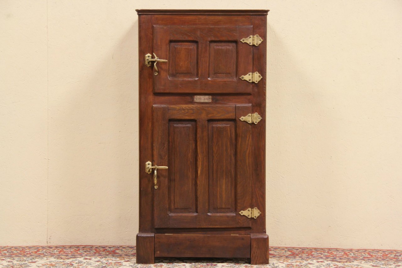 Oak Evercold 1890 Antique Country Icebox, Raised Panels