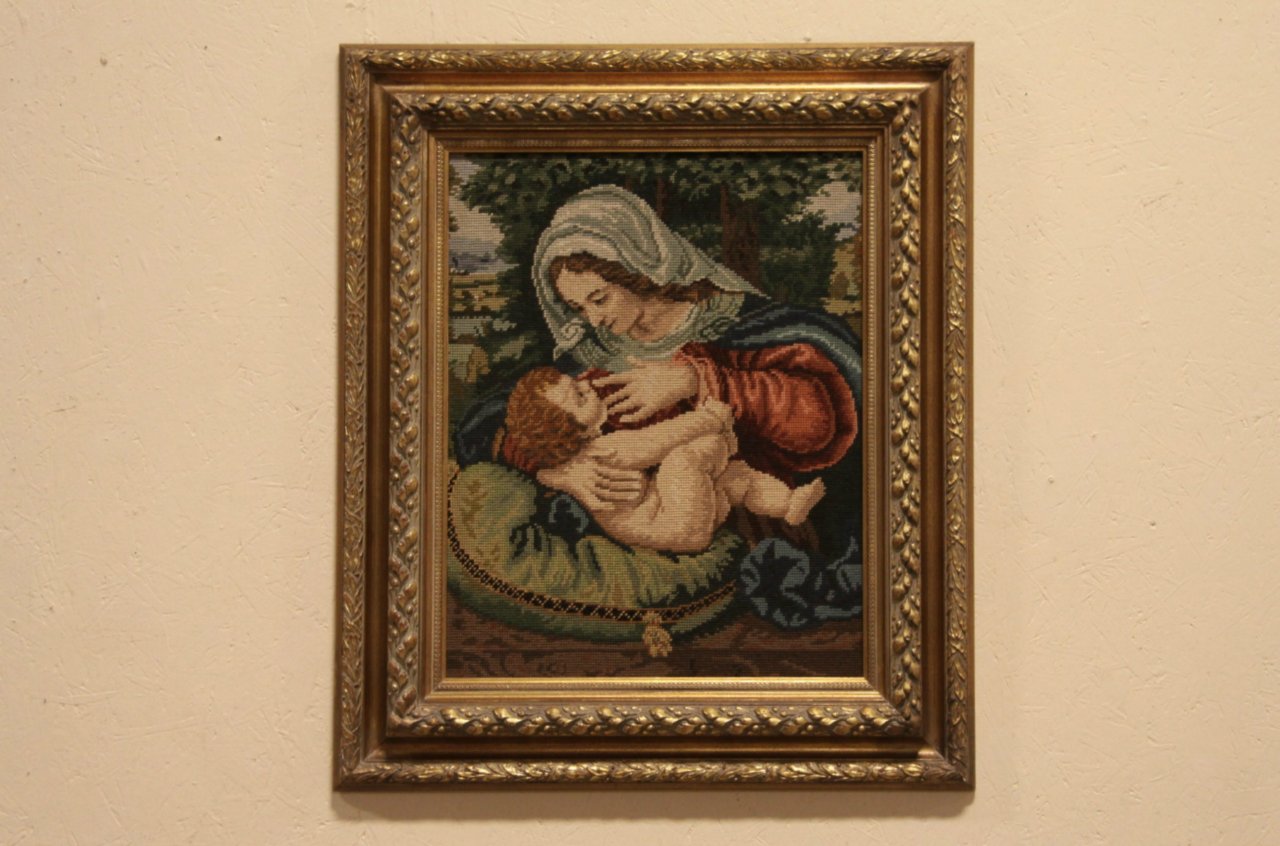 Framed Needlepoint Mary & Jesus Madonna Needlework