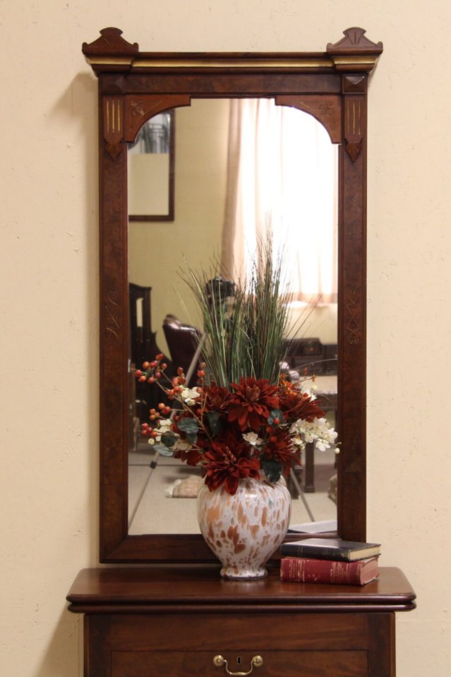 Victorian Walnut Antique Carved Hall Mirror
