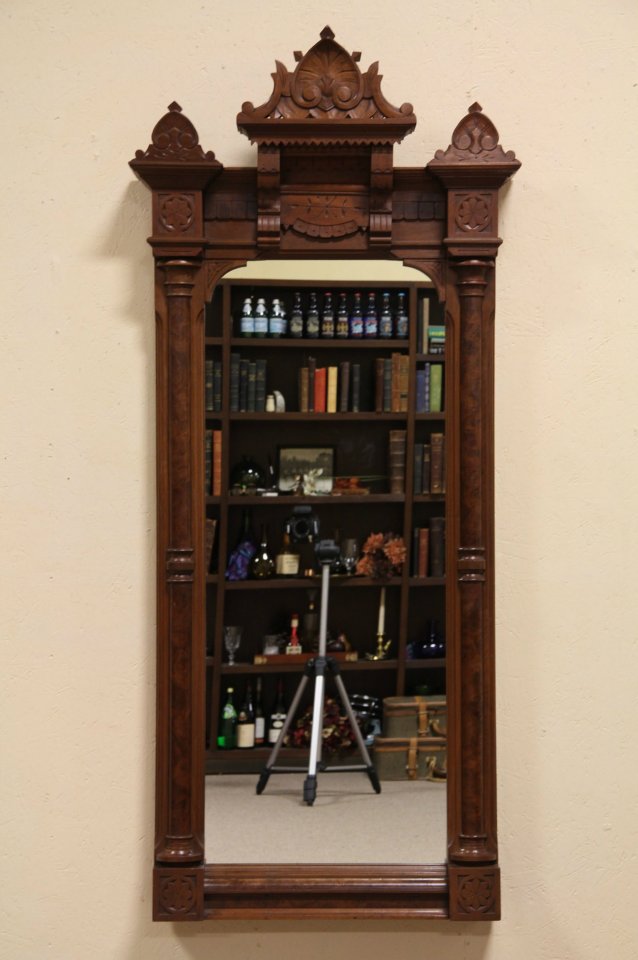 Victorian Carved Walnut 1880 Antique Hall Mirror