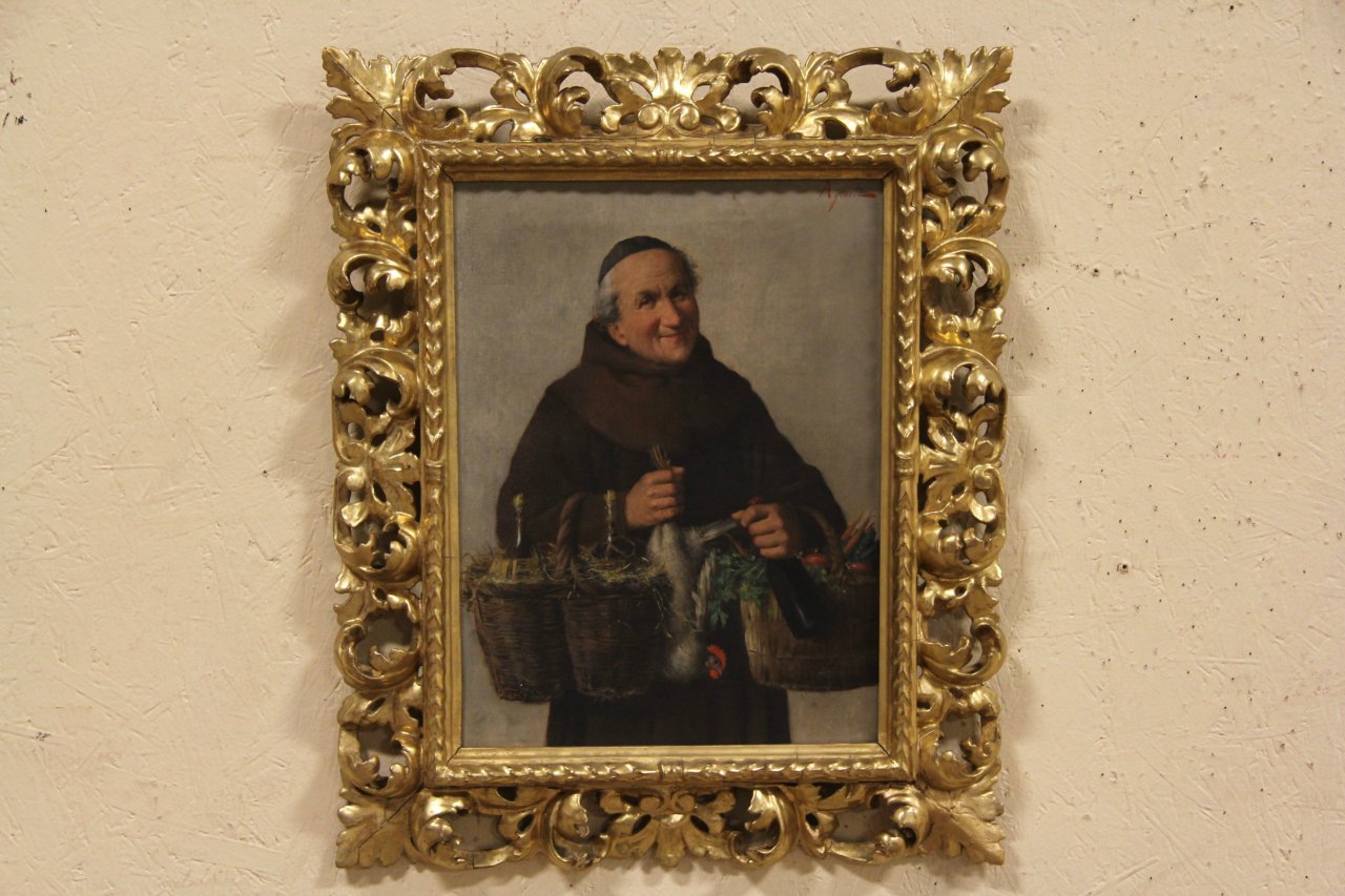 Happy Monk Gathering Dinner, Original 1870 Antique Oil Painting