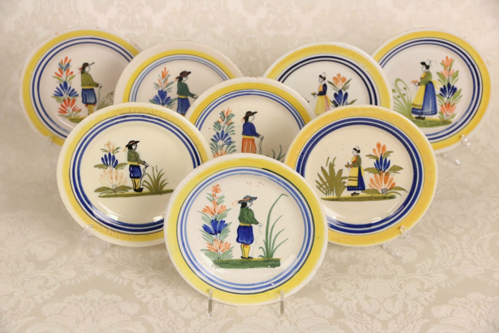 Henriot Quimper Signed Set of 8 Hand Painted 6" Plates