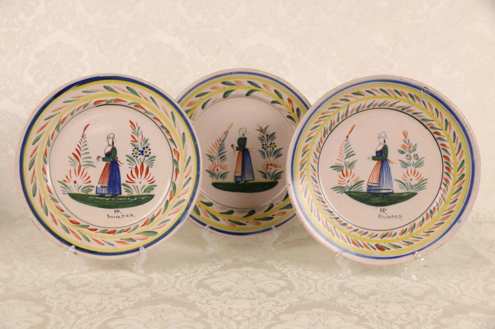 Quimper Signed Set of 3 Hand Painted Dinner Plates, Tradition Pattern