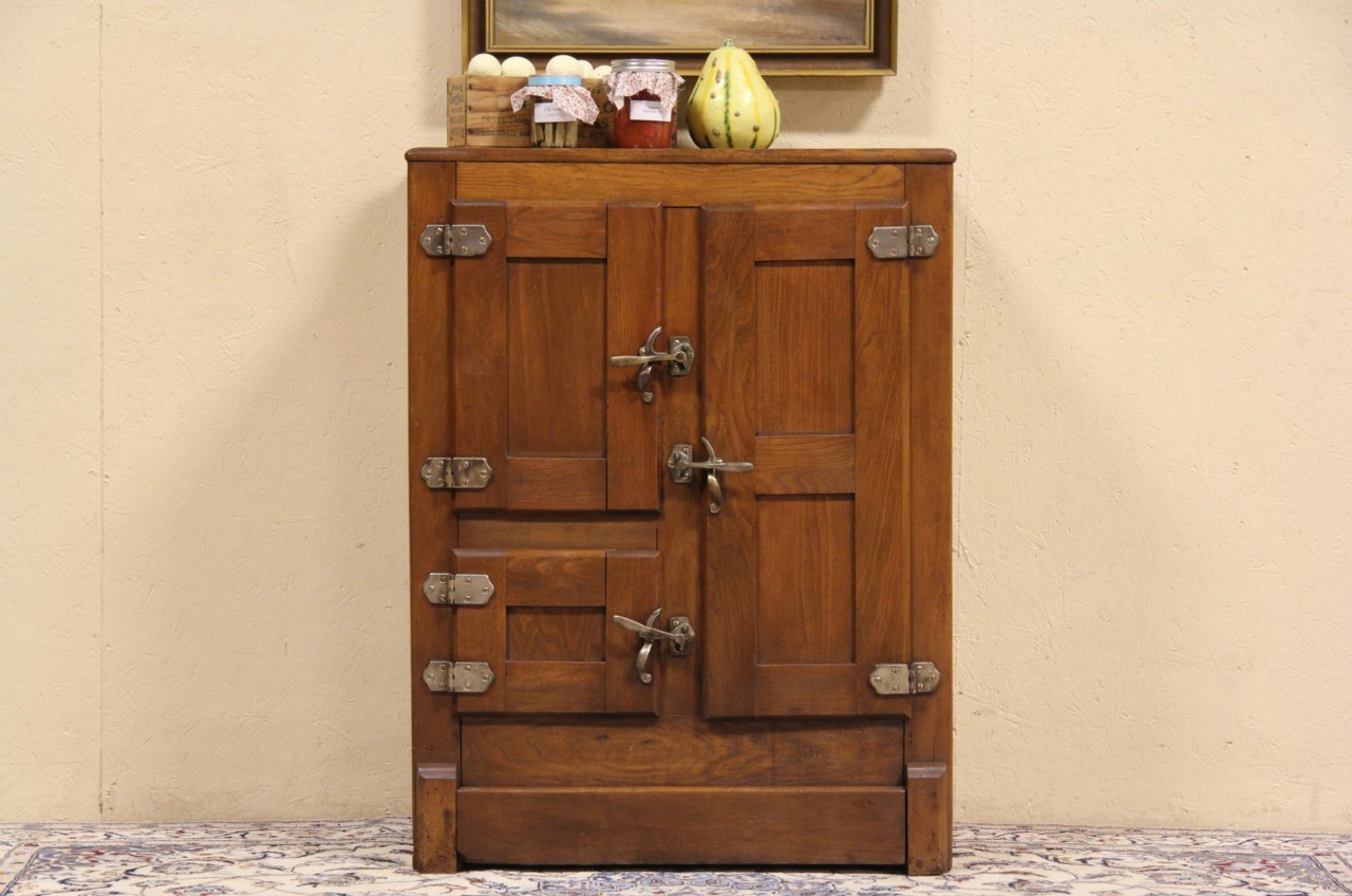 Oak 1900 Antique Ice Box, Original Nickel Hardware
