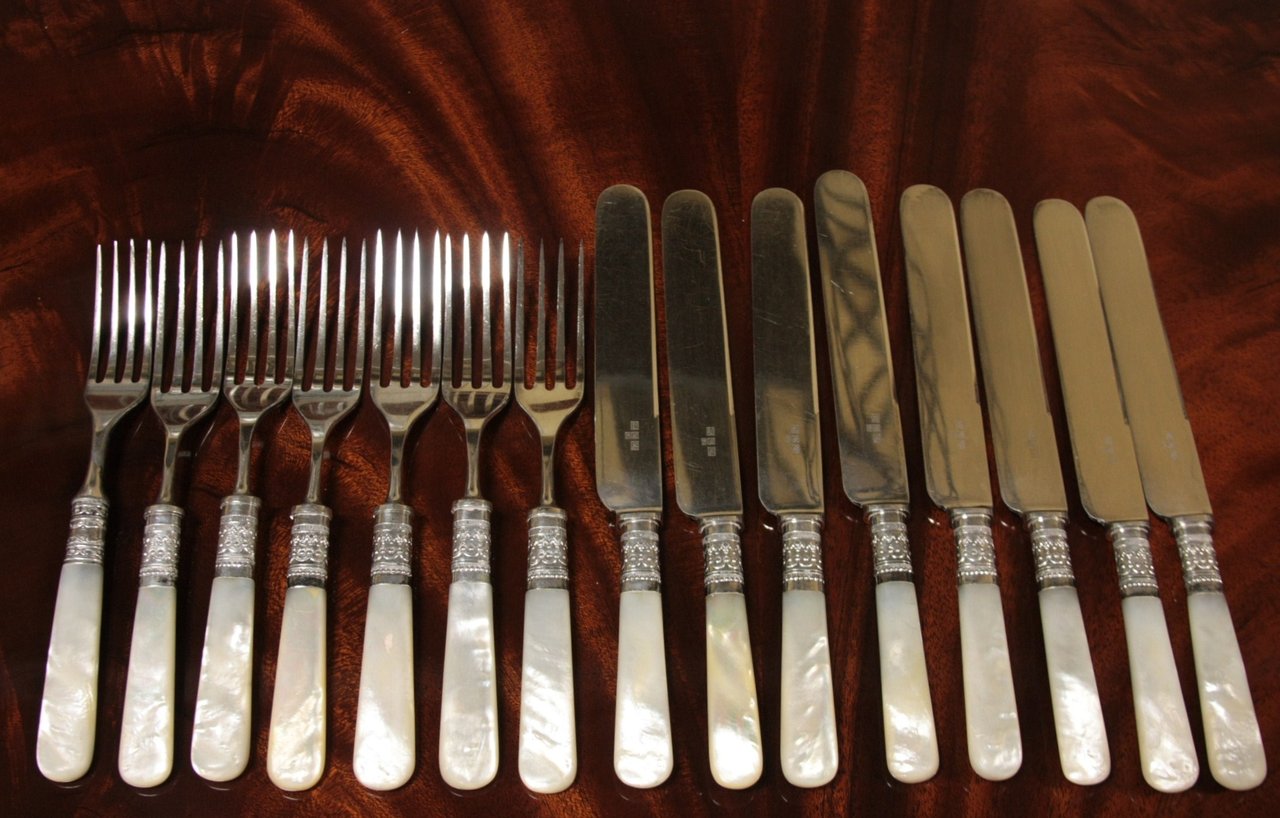 Set of Victorian Pearl Handle Silver Knives, Forks