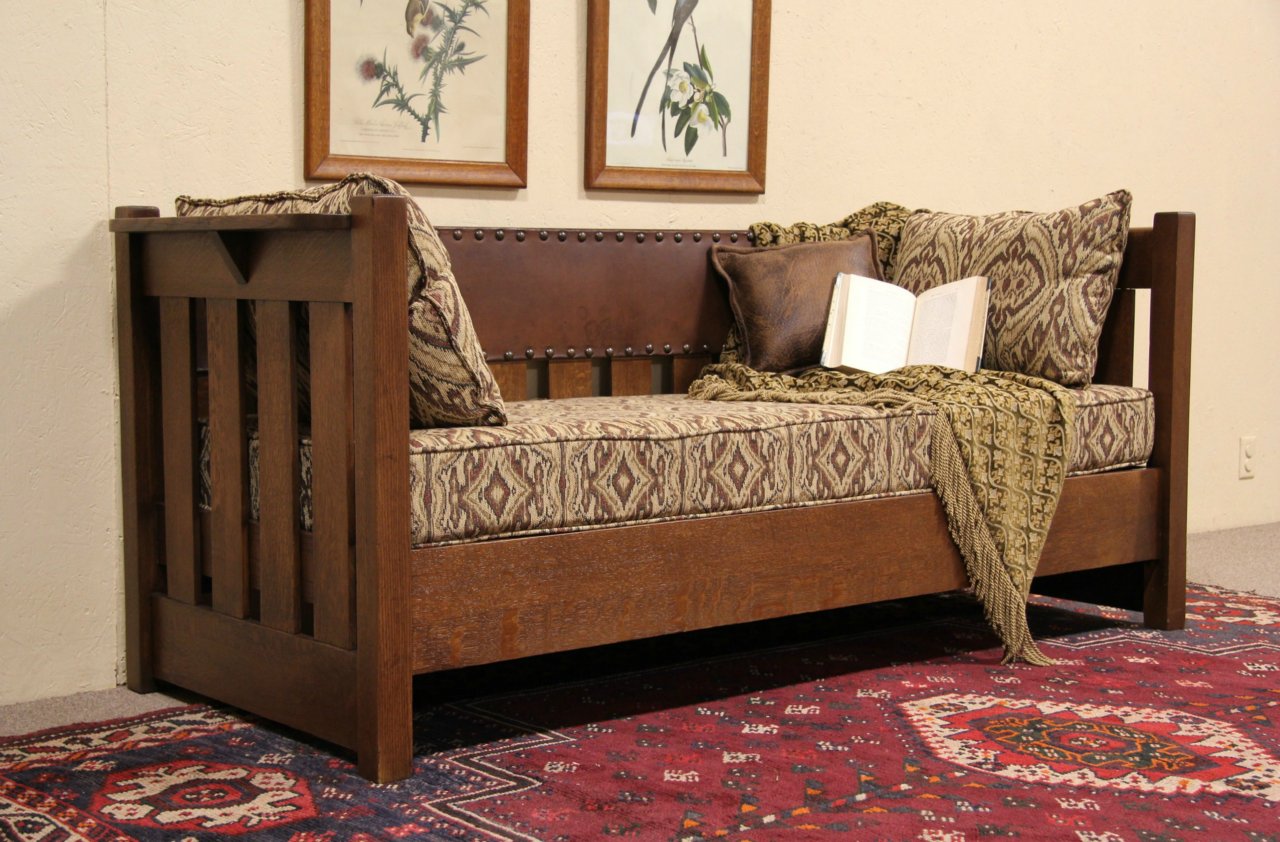 Arts & Crafts Mission Oak 1905 Antique Sofa, Leather Back