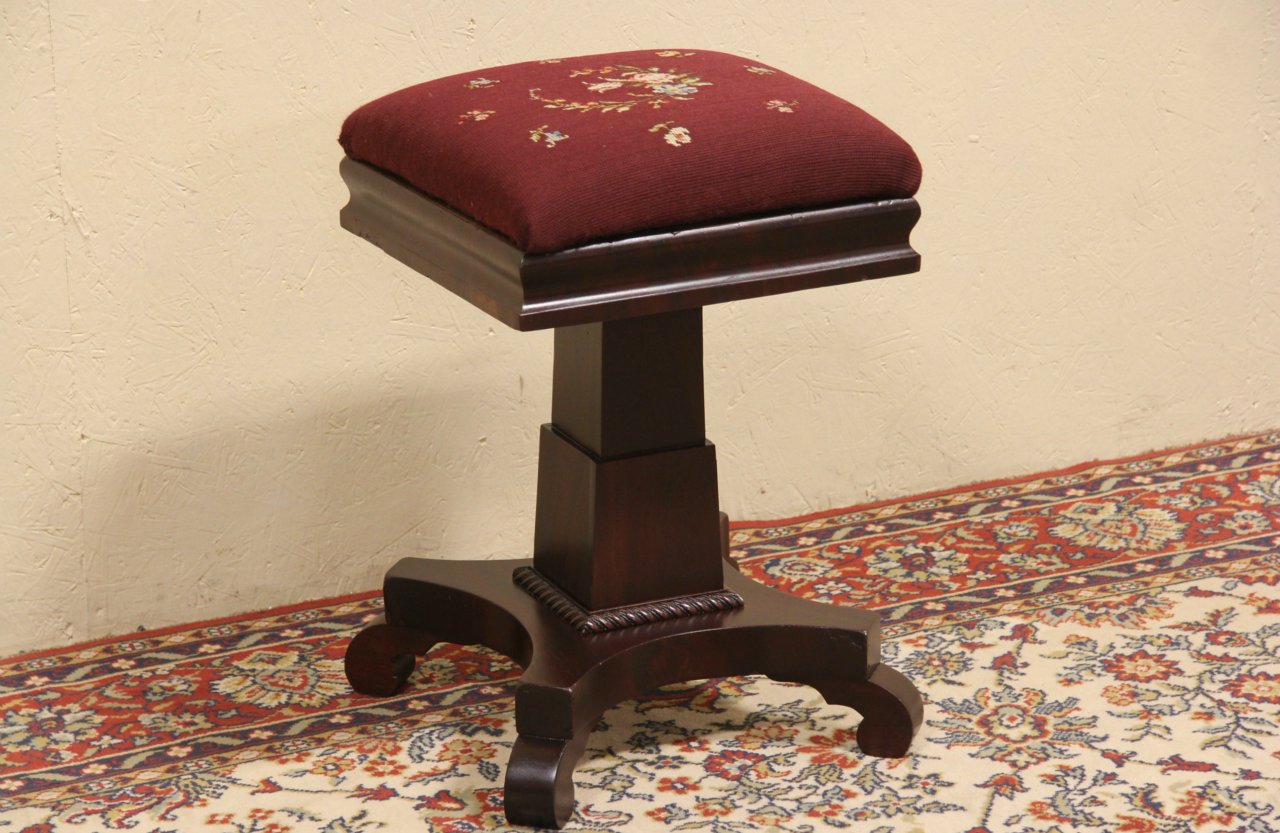 Swivel Adjustable 1900 Antique Piano or Organ Stool, Needlepoint