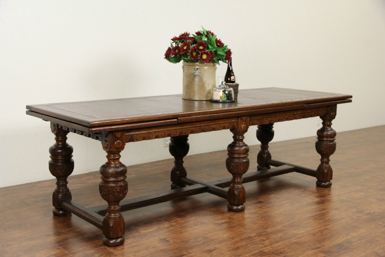 English Tudor 8' Oak Dining or Library Table Extends 12', 1926 Sorority ...