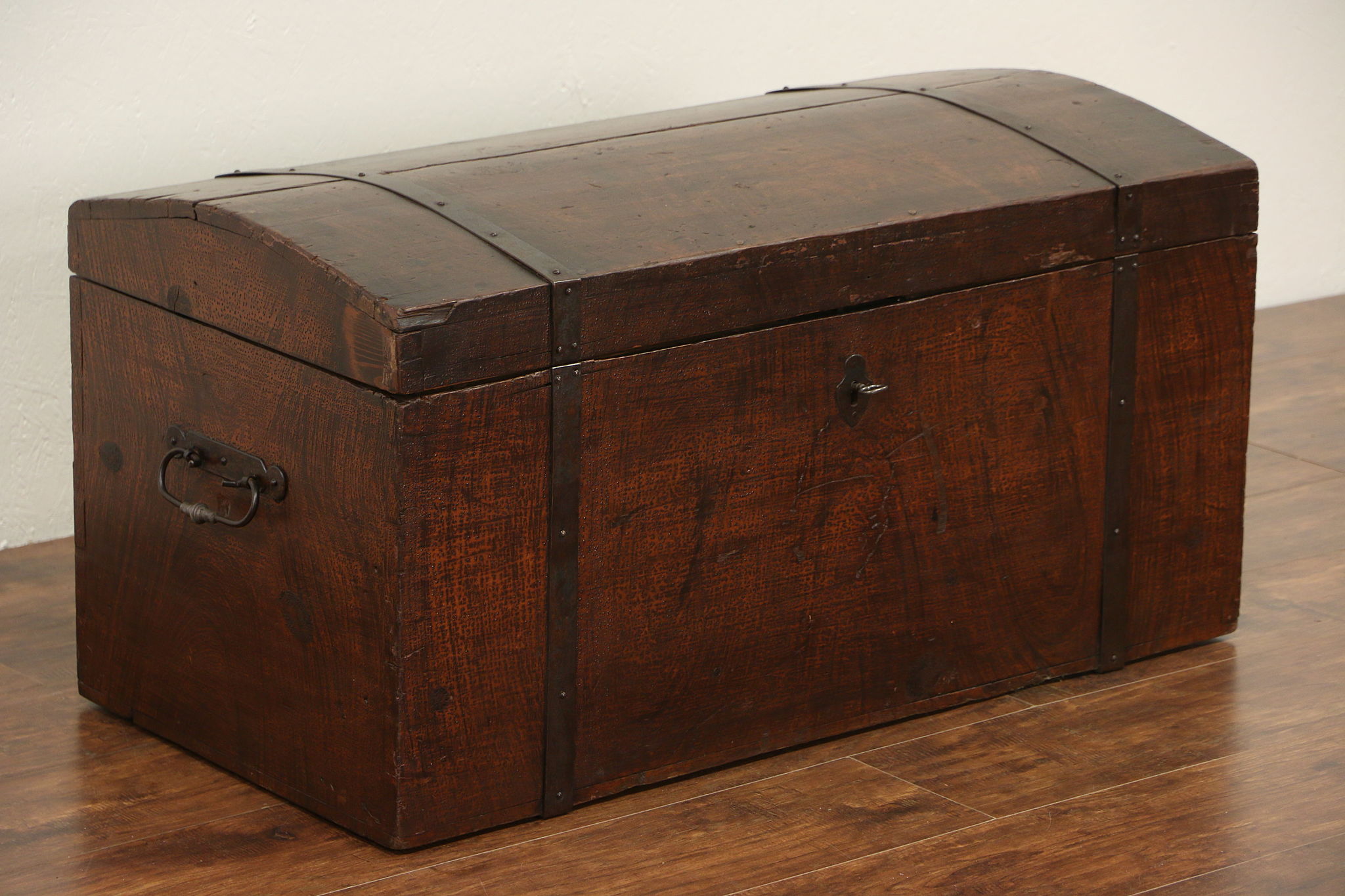 Pine 1850's Antique Immigrant Trunk Blanket Chest, Original Lock