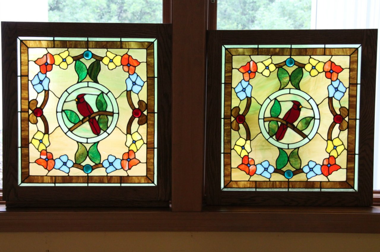 Pair of Cardinal Stained Glass Windows