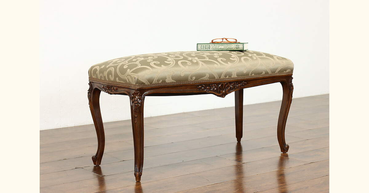Country French Vintage Carved Fruitwood Bench with New Upholstery