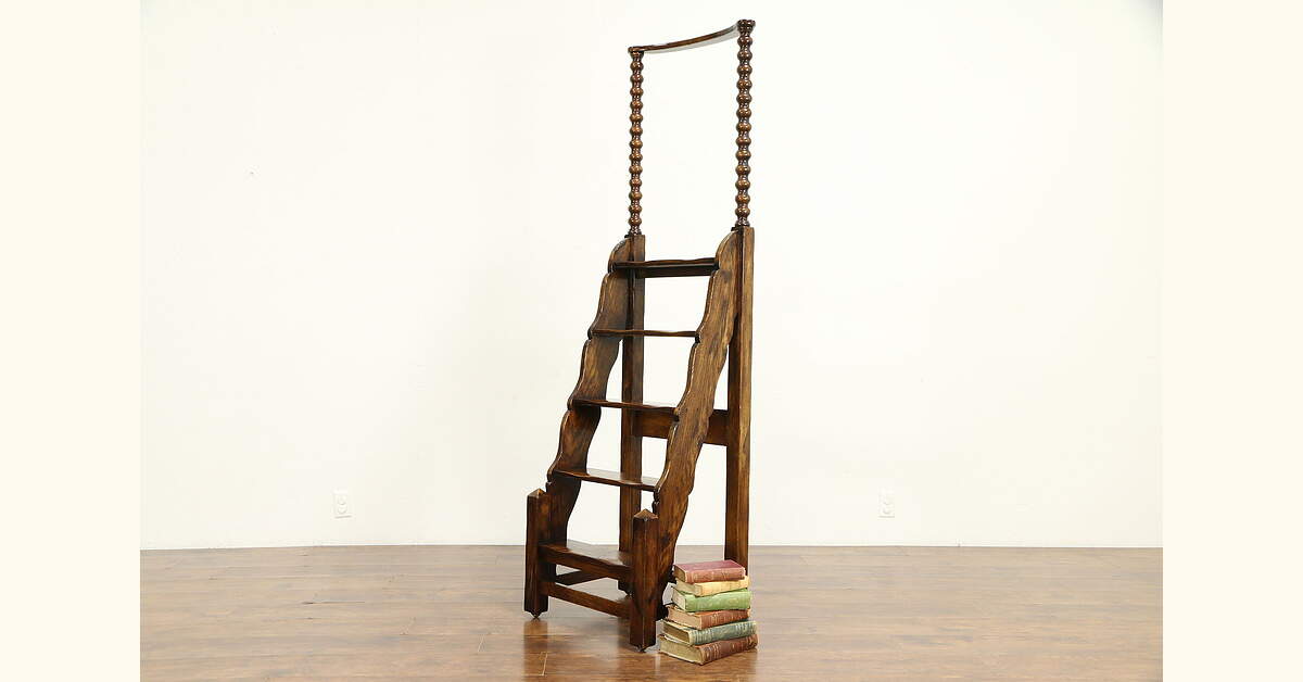 Oak Carved Vintage Library Steps with Curved Railing