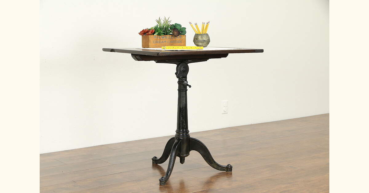 Industrial Salvage Adjustable 1890 Antique Iron Drafting Table, Ash Top