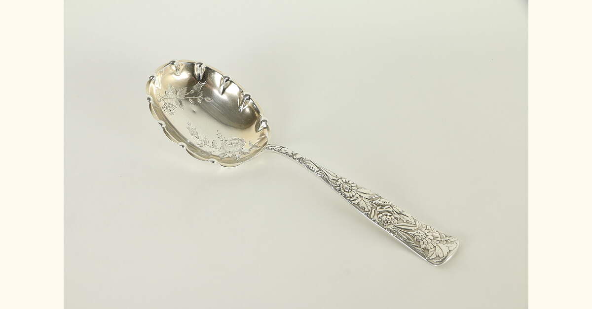 Victorian Antique Embossed Sterling Silver Serving Spoon, M. Scooler