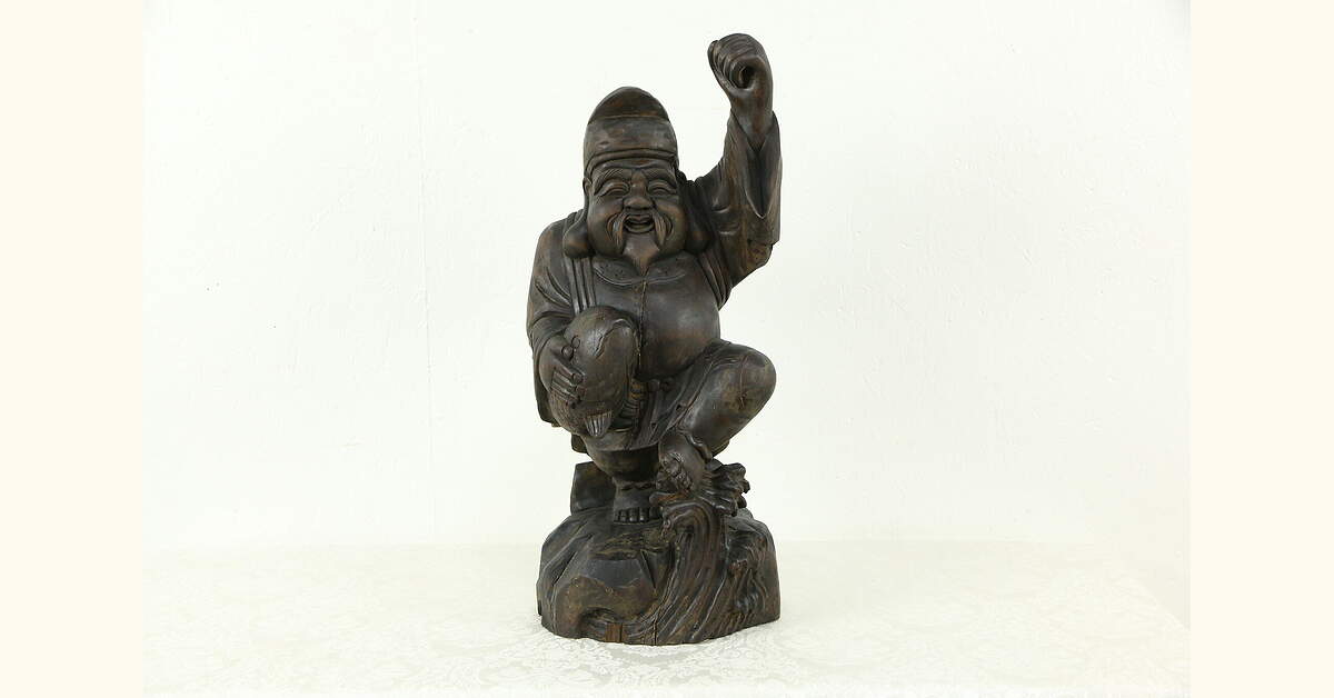 Fisherman & Fish Antique Chinese Hand Carved Sculpture