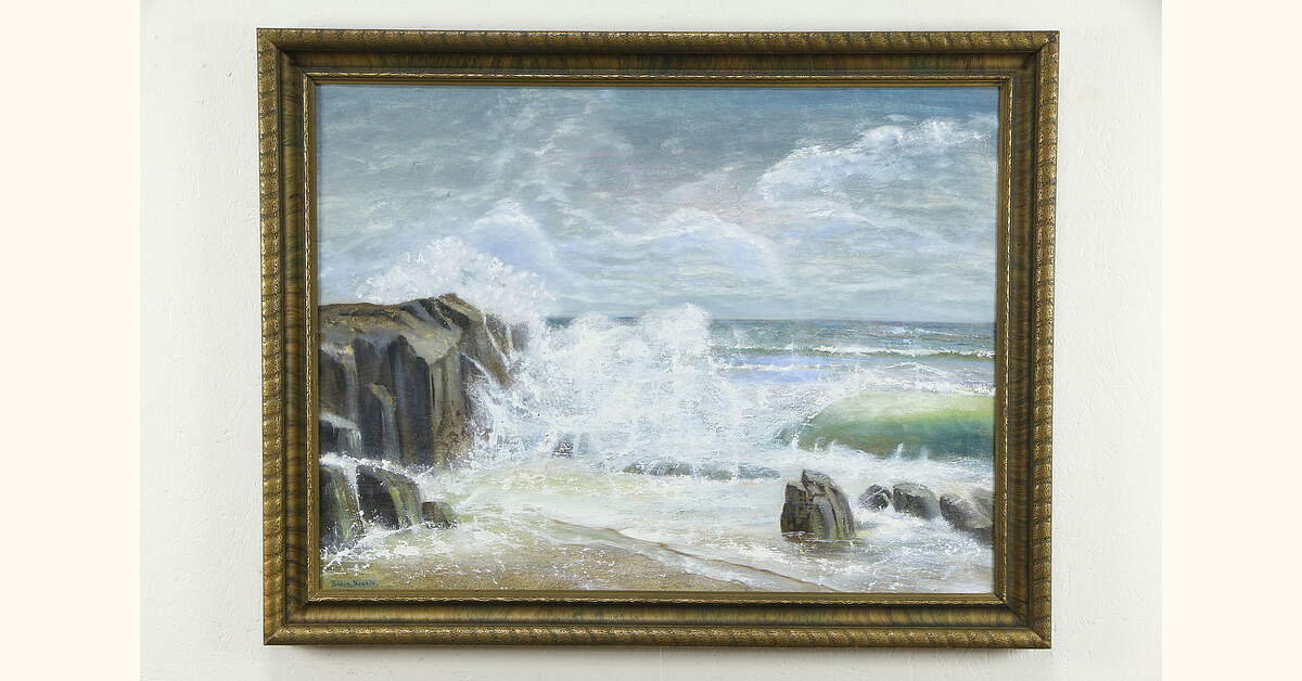 Coastal Waves in Cal. Antique Original Oil Painting, Silas Dustin 45 1/2"