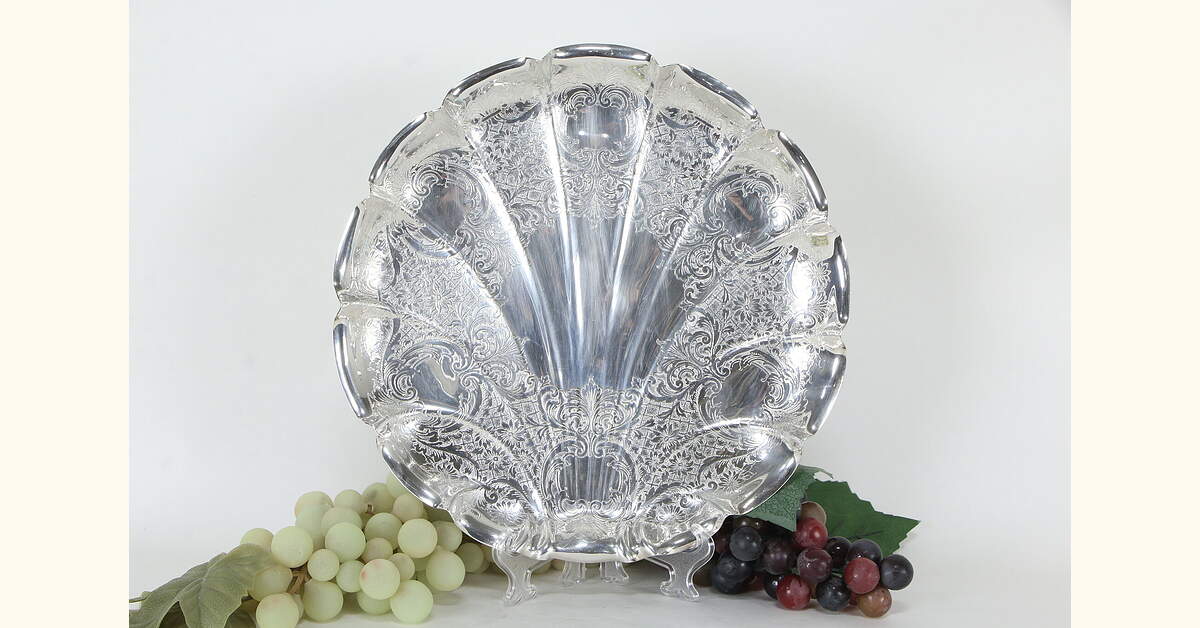 Shell Shape Antique Silverplate Serving Tray, Signed WB