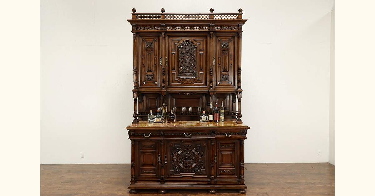 Renaissance Antique Walnut Italian Back Bar, Sideboard or Server, Marble