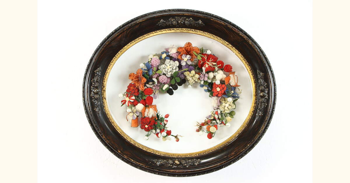 Victorian Antique Handcrafted Folk Art Wedding Wreath, Wool Yarn Flowers