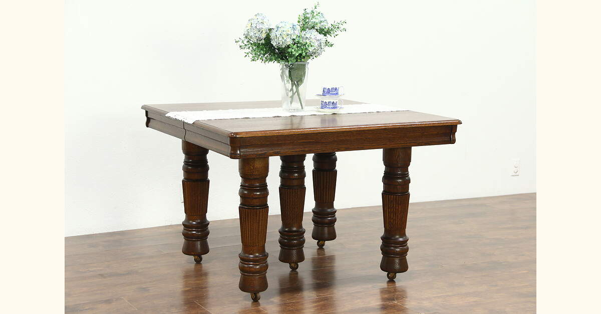 Solid Oak Square Antique 5 Leg Dining Table, 6 Leaves, Extends 10' 8"