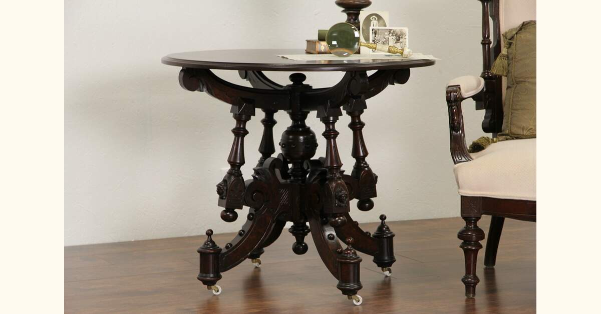 Victorian Renaissance Round 1860's Antique Carved Walnut Parlor Lamp Table