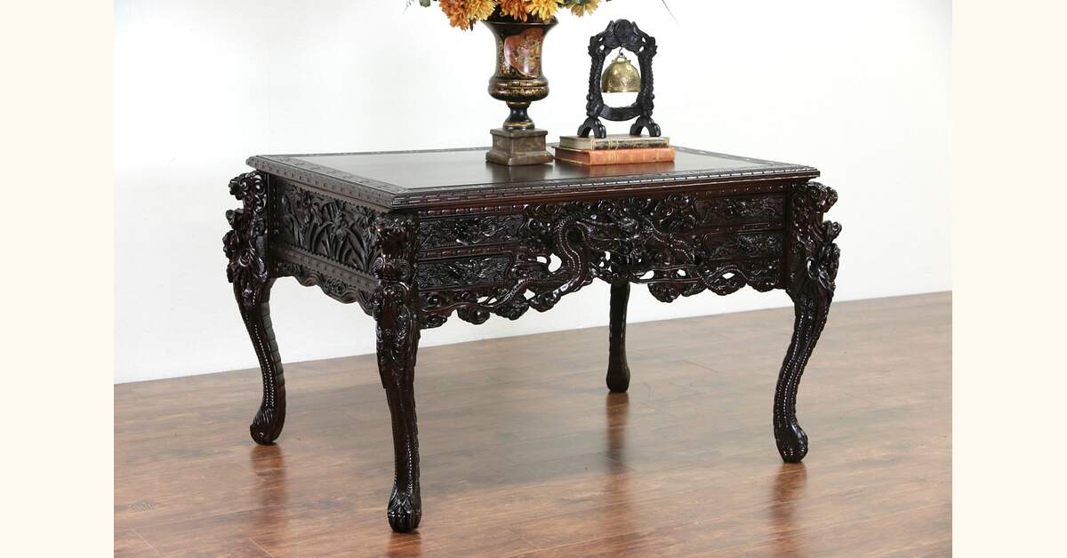 Japanese 1900's Antique Hand Carved Center Table, Dragons
