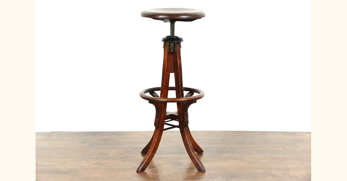 Architect or Drafting Swivel Adjustable 1900 Antique Stool, Foot Ring
