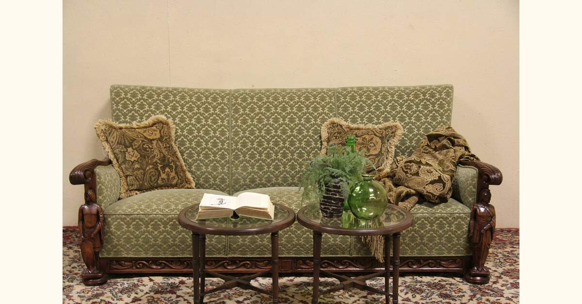 Swedish 1935 Sofa, Carved Oak Knights