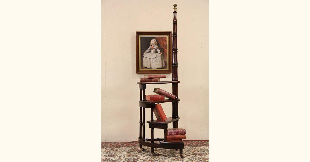 Mahogany 1920's English Curved Library Steps, Tooled Leather