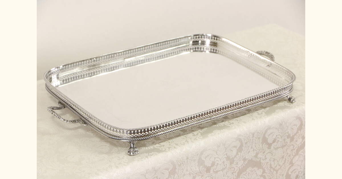 English 1890's Antique Silverplate Butler Tray, Family Crest & Hallmarks