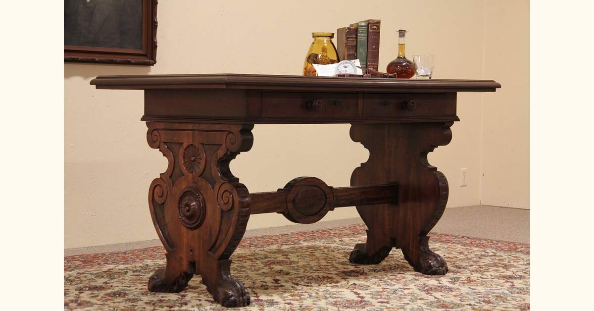 Library Table Writing Desk, Carved Lion Feet