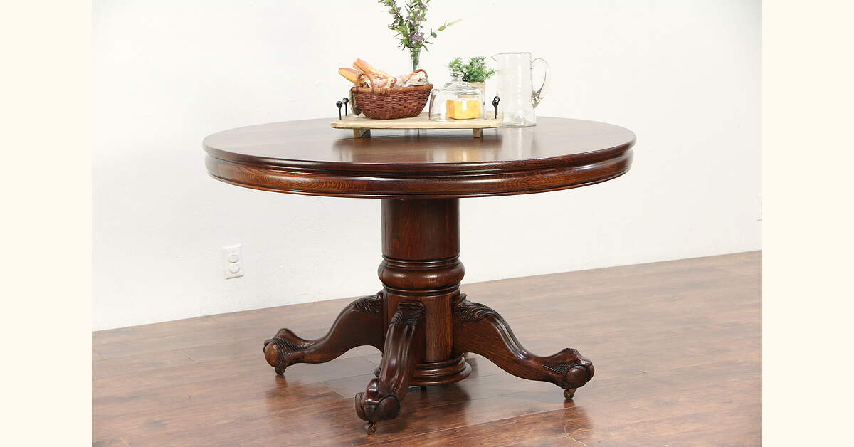 Oak Round 48" Antique Dining Table, Eagle Talon Pedestal, Extends 10'