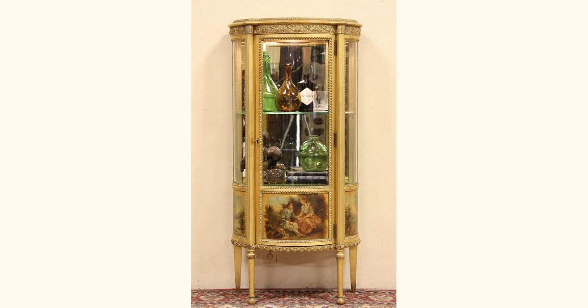 Curved Glass Gold Leaf French Vitrine or Curio Display Cabinet