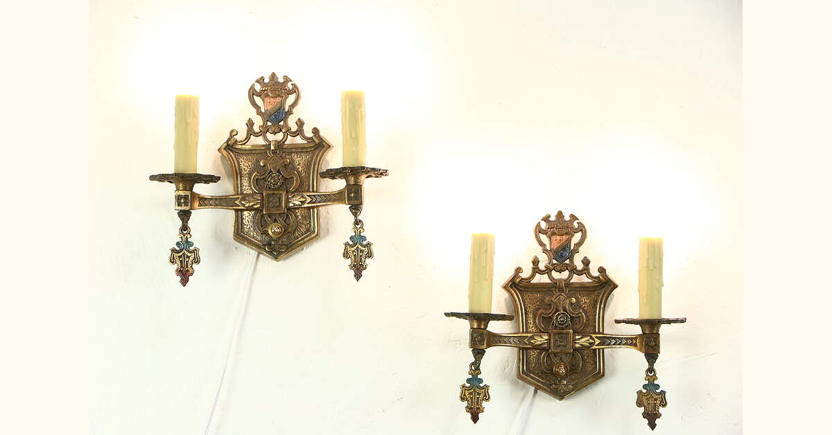 Pair Antique 1915 Bronze Wall Sconce Lights, Heraldic Crests
