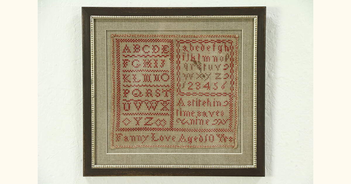 Sampler Hand Stitched 1840 Antique, Signed Fannie Love Aged 10 Yrs