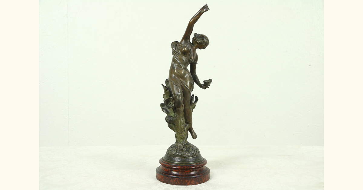Statue Young Lady with Flowers, French Art Nouveau Antique Sculpture, J ...