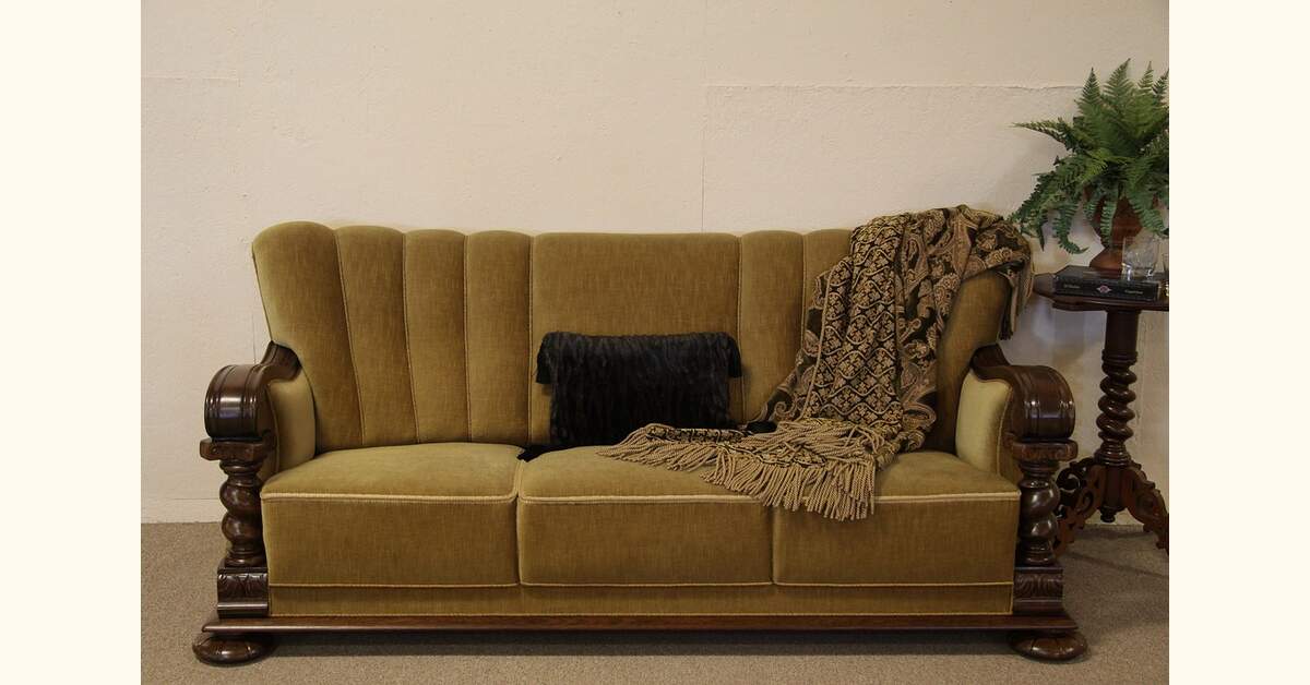 Antique Carved Oak Mohair Sofa