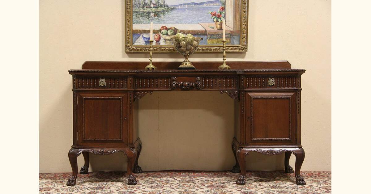 Carved Oak 1900 Antique Sideboard or Server, Paw Feet