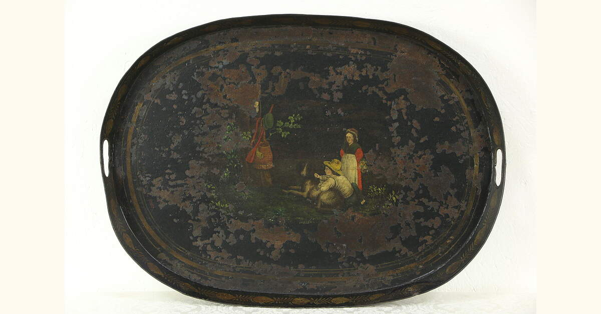 Toleware 1850 Antique Tray, Hand Painted Children & Dog Hunting Scene