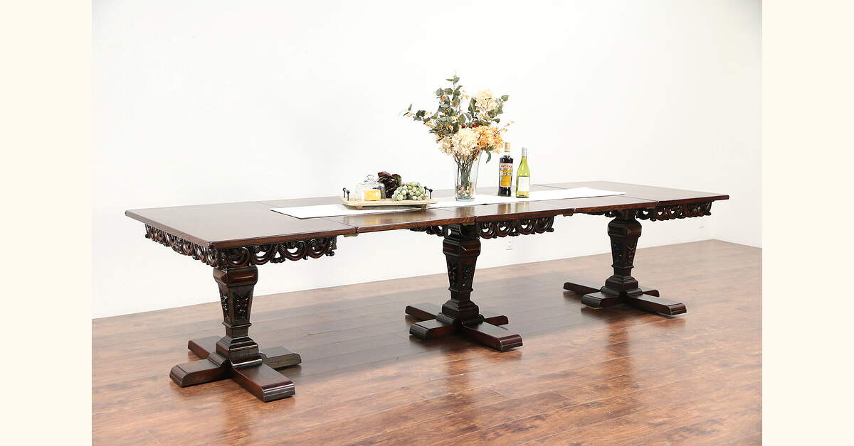 Oak Antique Triple 11' Dining, Banquet or Conference Table, Century