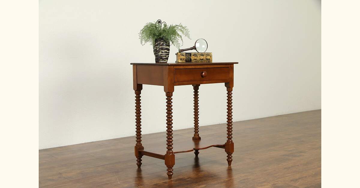 Victorian Antique 1850 Nightstand or Lamp Table, Spool Turned Legs