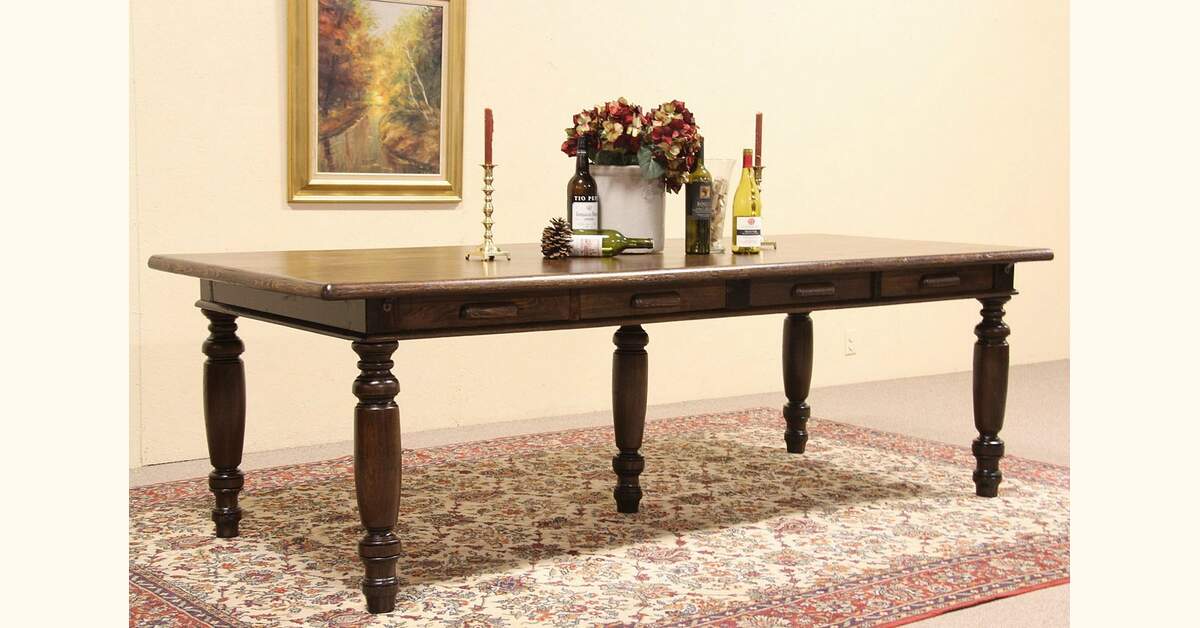 Oak 1890 Antique 8' Library or Dining Table, 4 Drawers